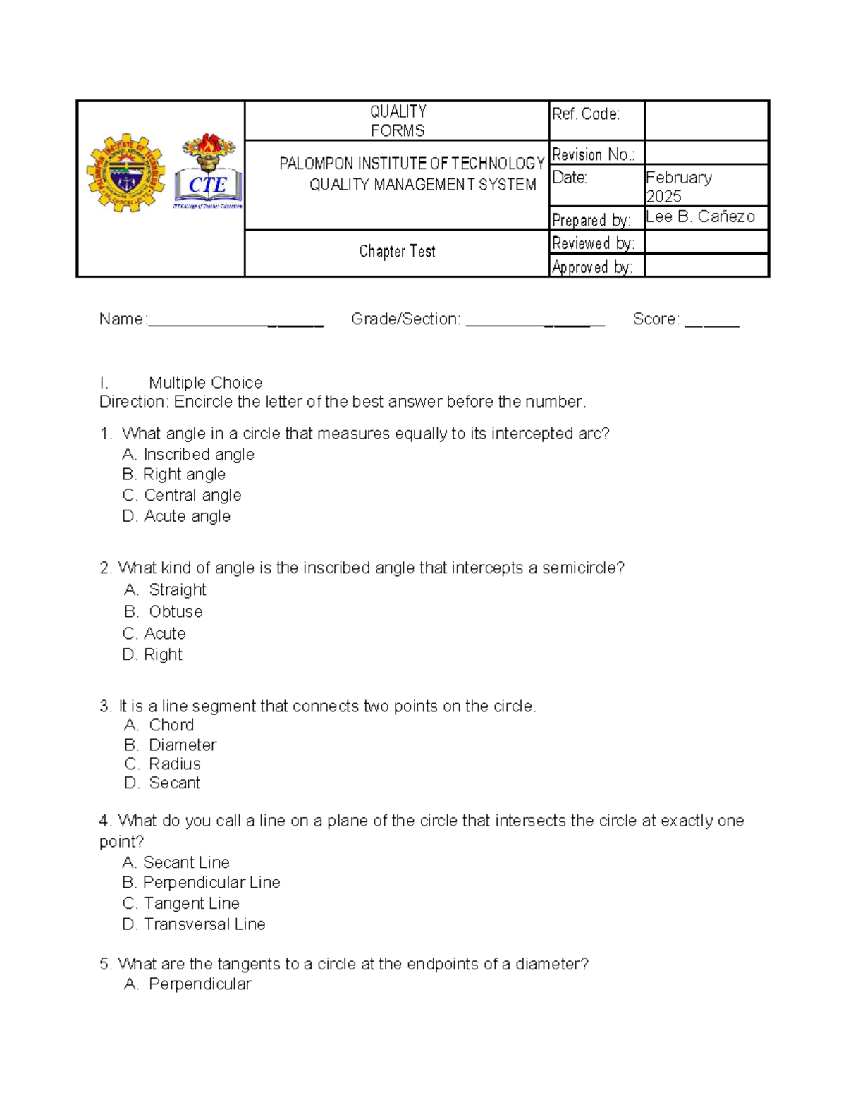 MATH 10 Chapter Test 3 - Circles: Quality Management System - Studocu