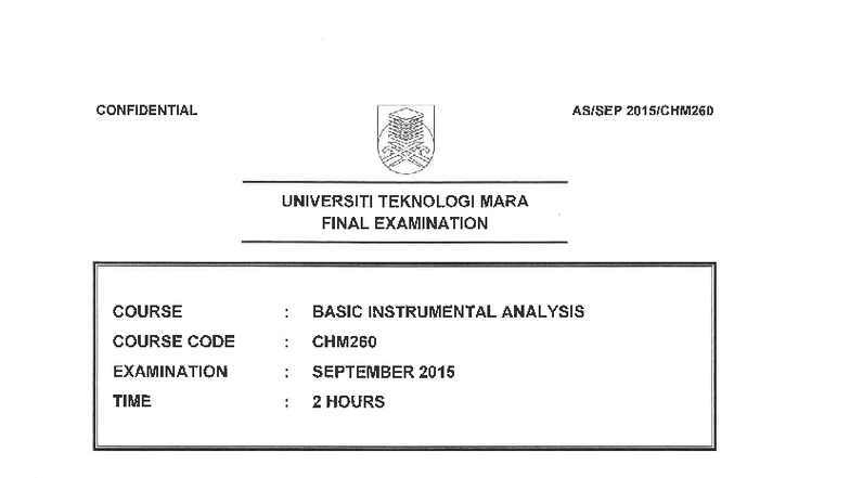 CHM260 Final Exam: Basic Instrumental Analysis September 2015 - Studocu
