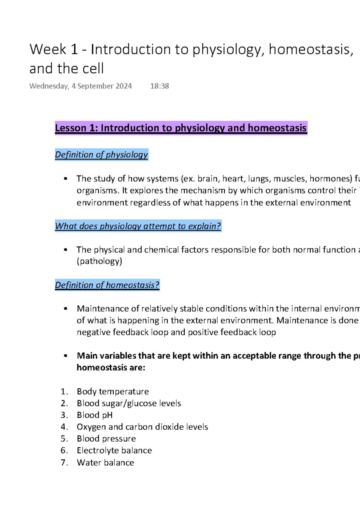Week 1 - Introduction to physiology, homeostasis, and the cell - Lesson ...