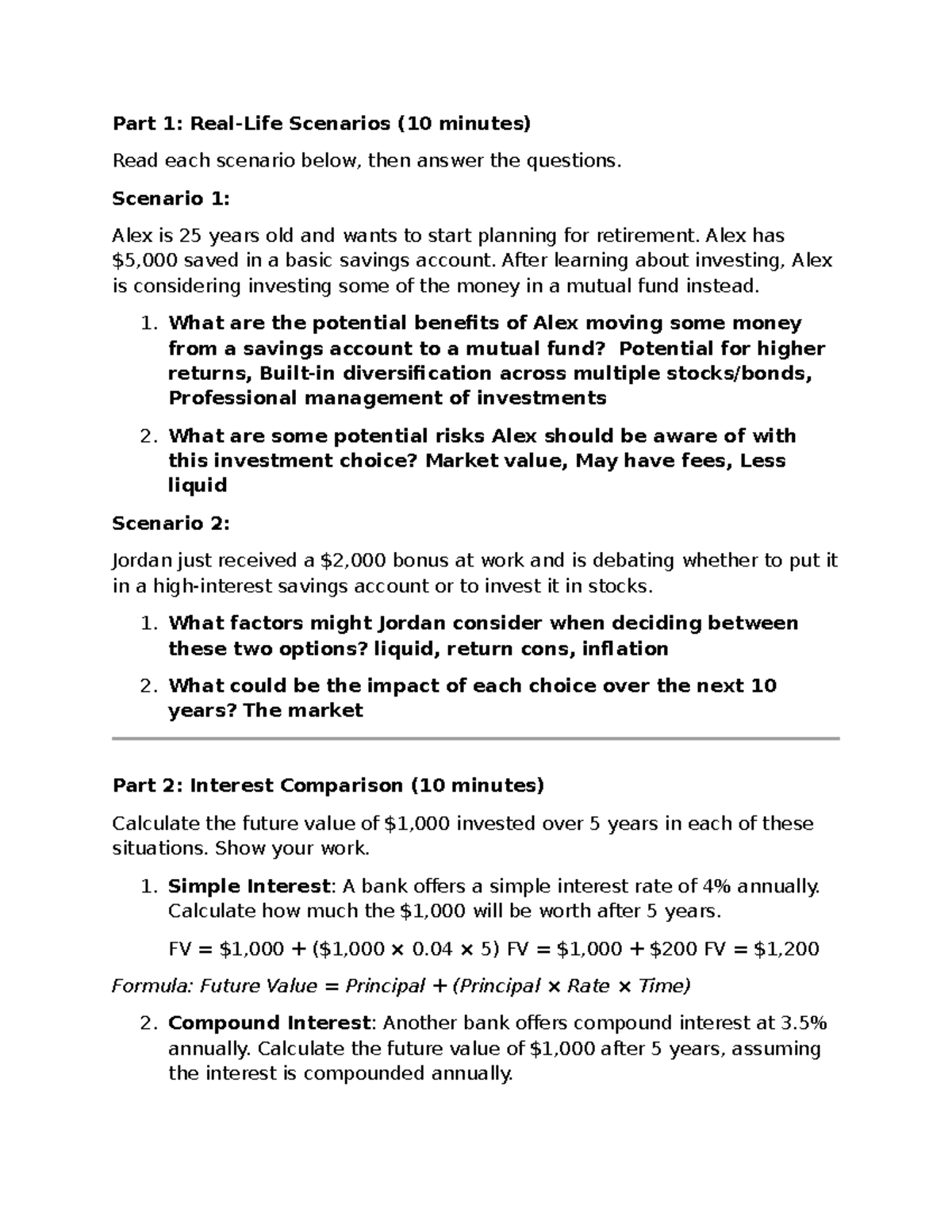 Spears M - Part 2 - Investment Strategies Worksheet and Scenarios - Studocu