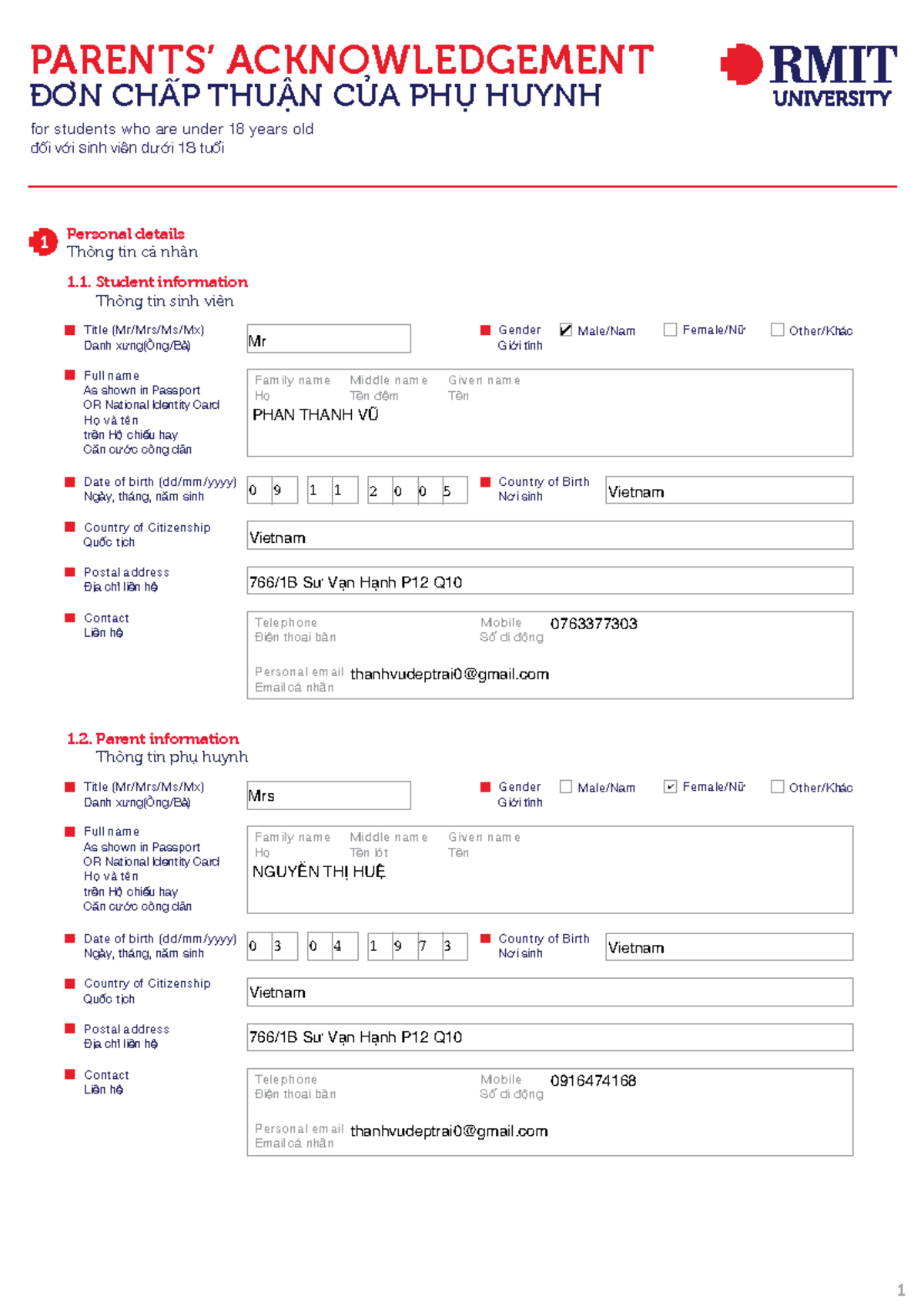 Parents' acknowledgement form - Đơn chấp thuận của Phụ Huynh - PARENTS ...