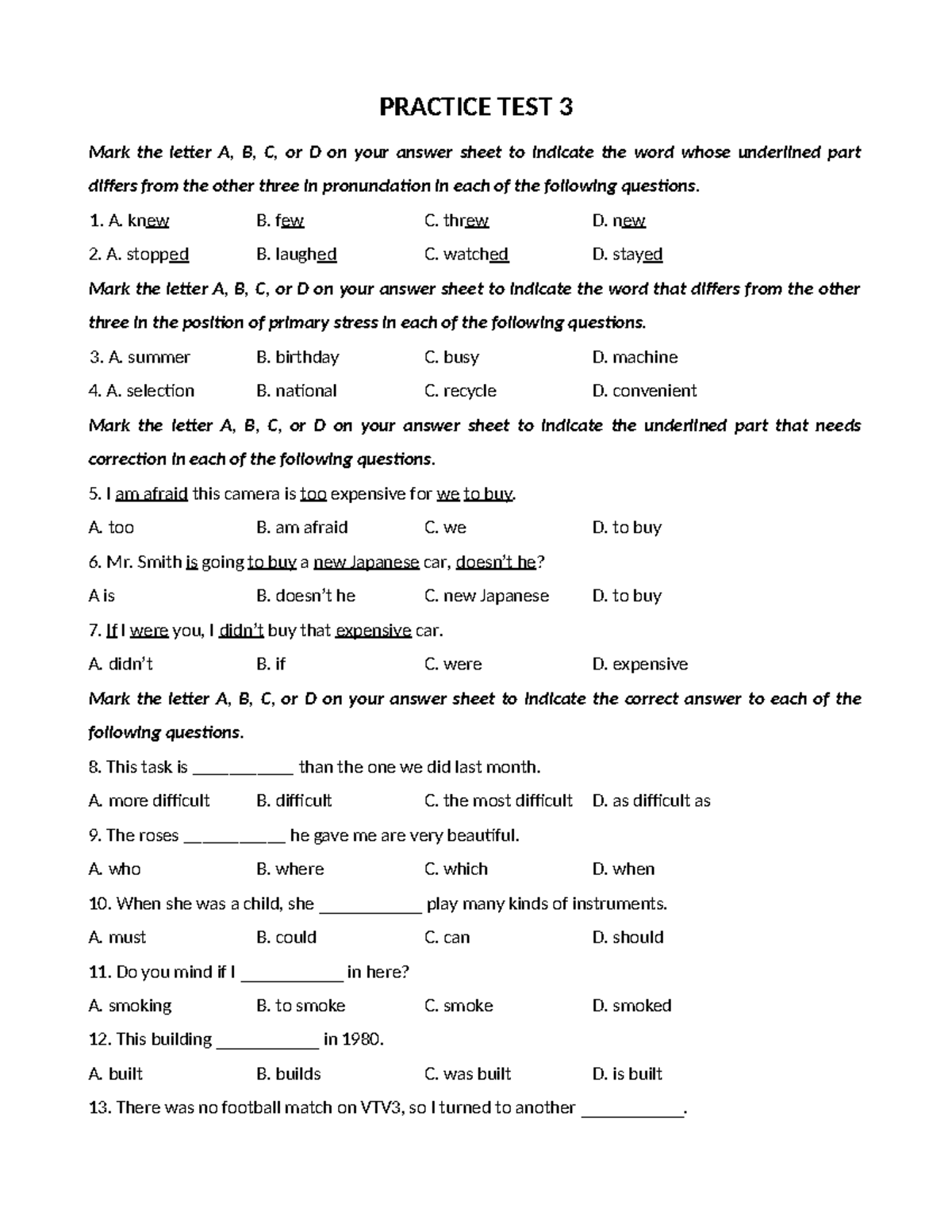 Practice TEST 3 - Mock Test Questions and Answers - Studocu