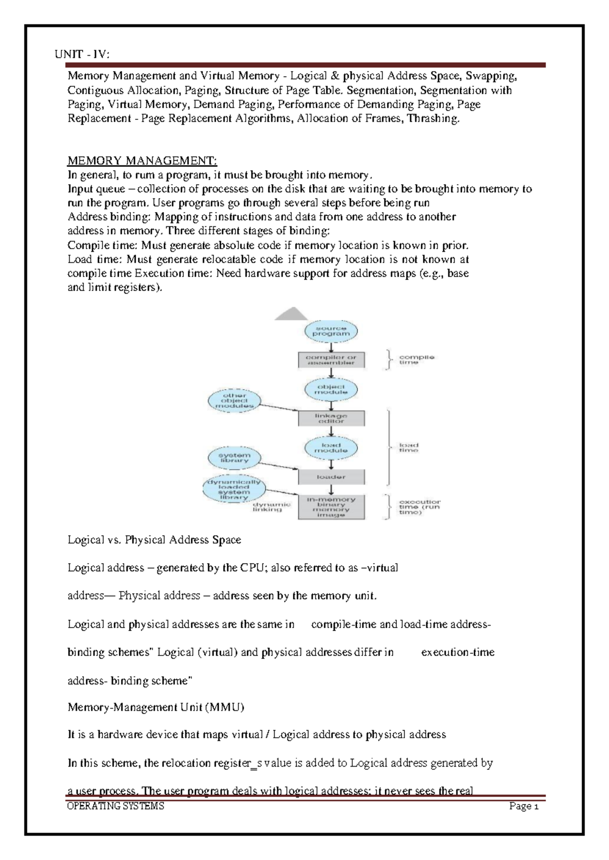 Coos unit 4 and 5 - introduction to co& os - UNIT - IV: Memory Management and Virtual Memory ...