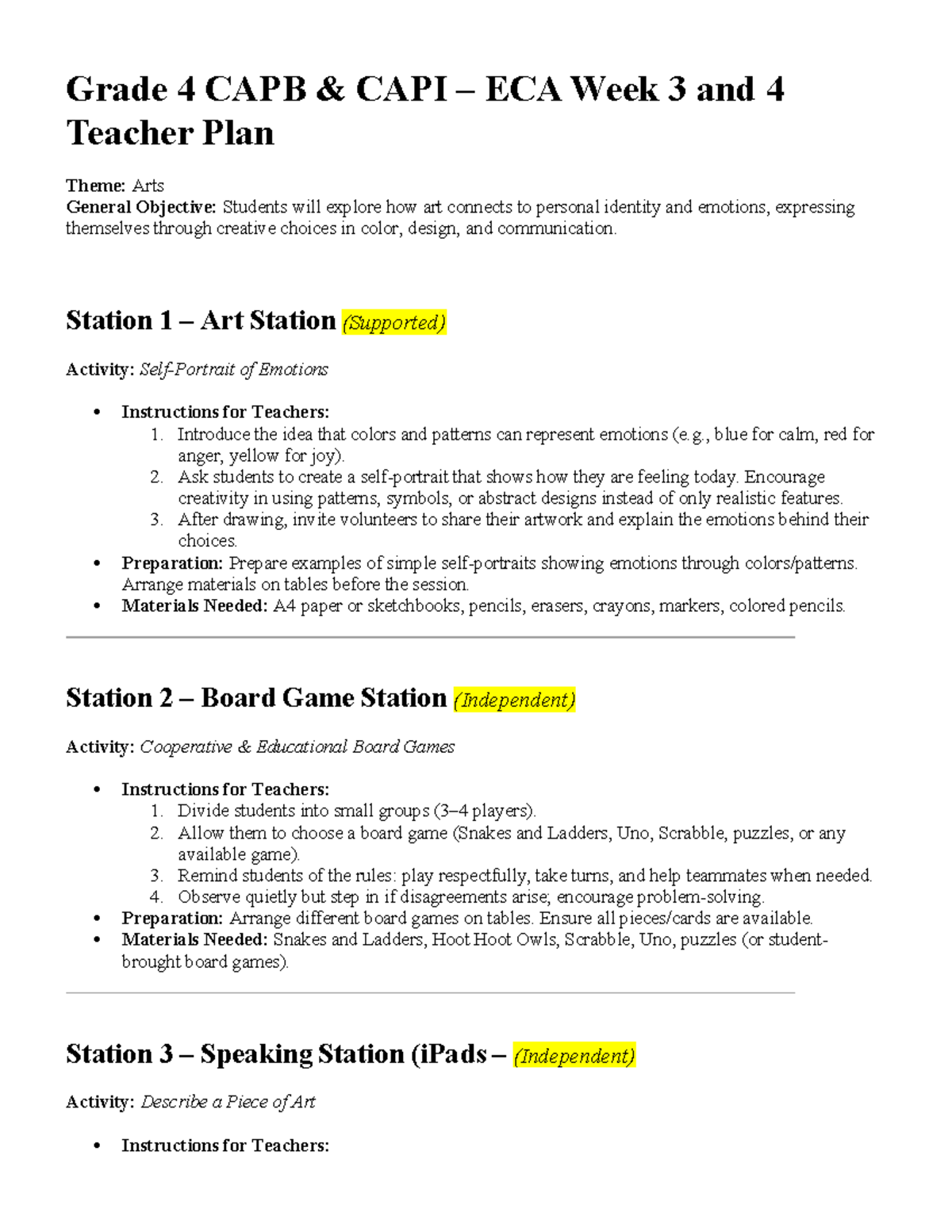 G4 CAPB CAPI ECA Teacher Plan: Arts Week 3 & 4 Activities - Studocu