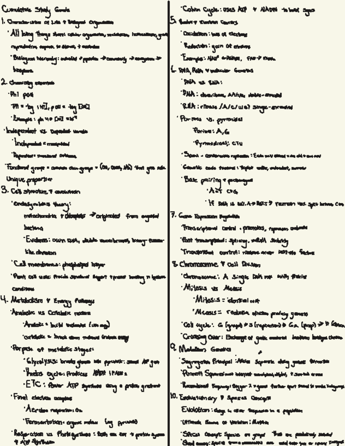 Cumulative Study Guide for Biology (BIO 101): Key Concepts & Processes ...