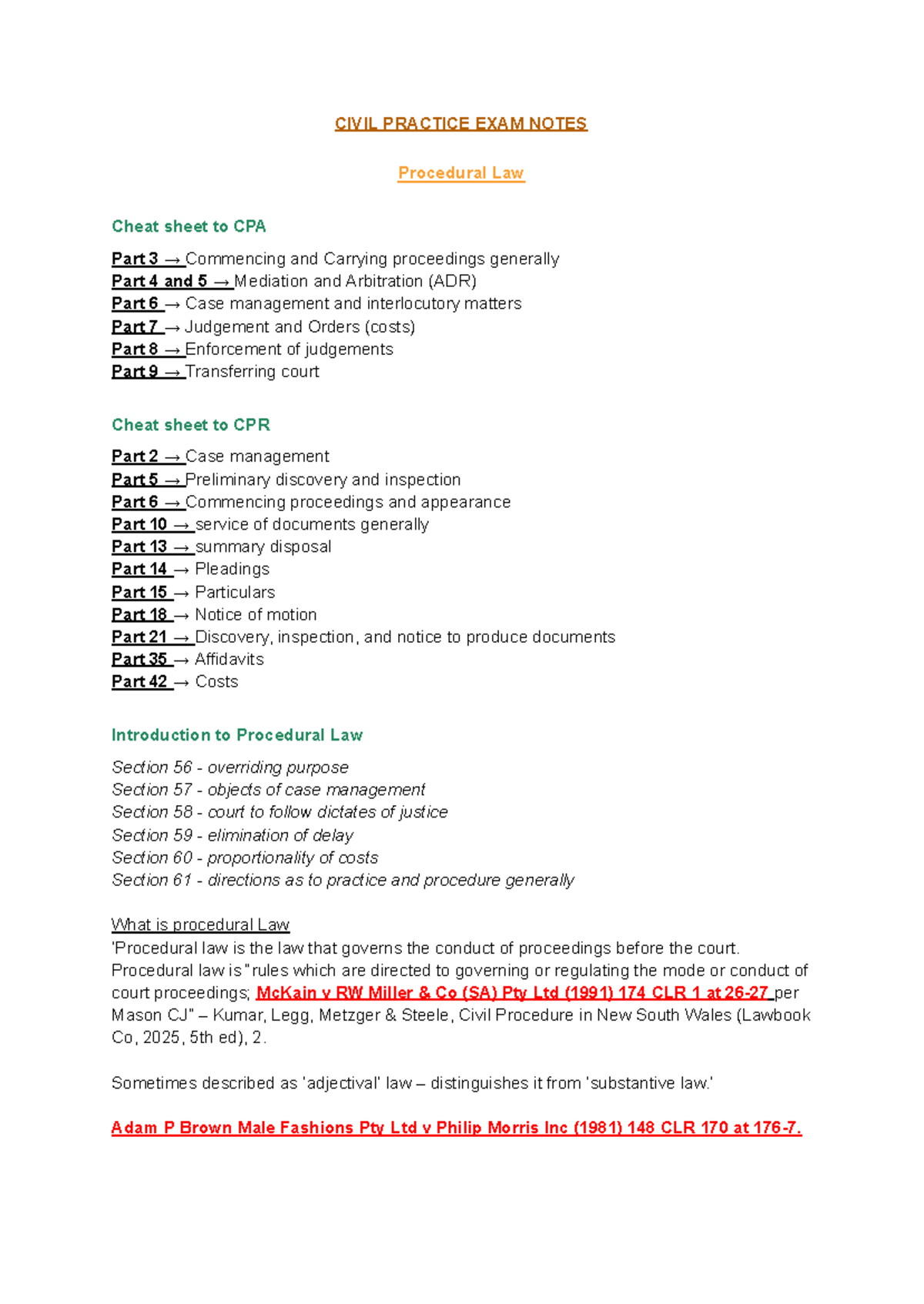 CIVIL PRACTICE CPA Exam Notes: Key Concepts in Procedural Law - Studocu