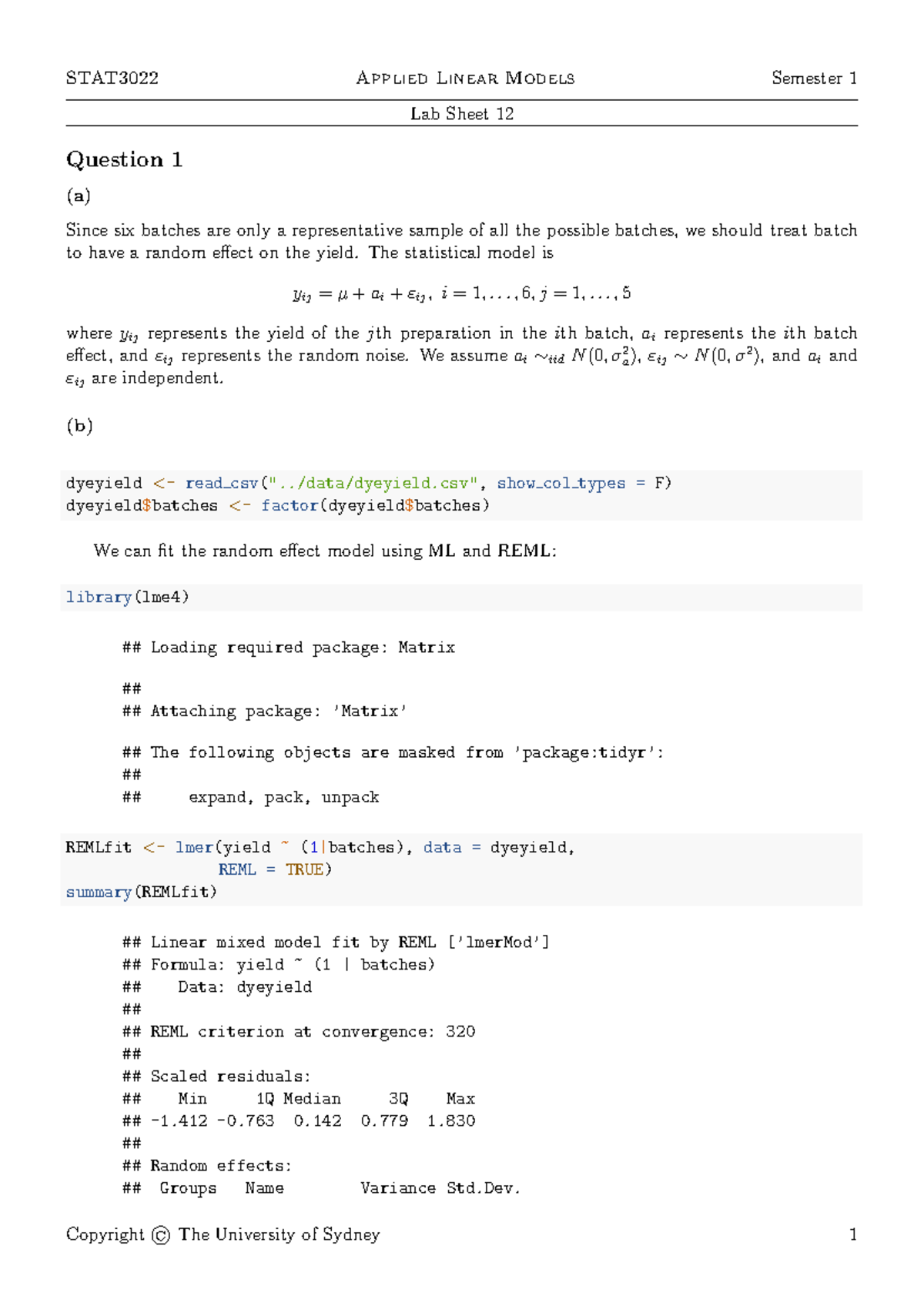 STAT3022 Applied Linear Models Semester 1 Lab Sheet 12 Analysis - Studocu