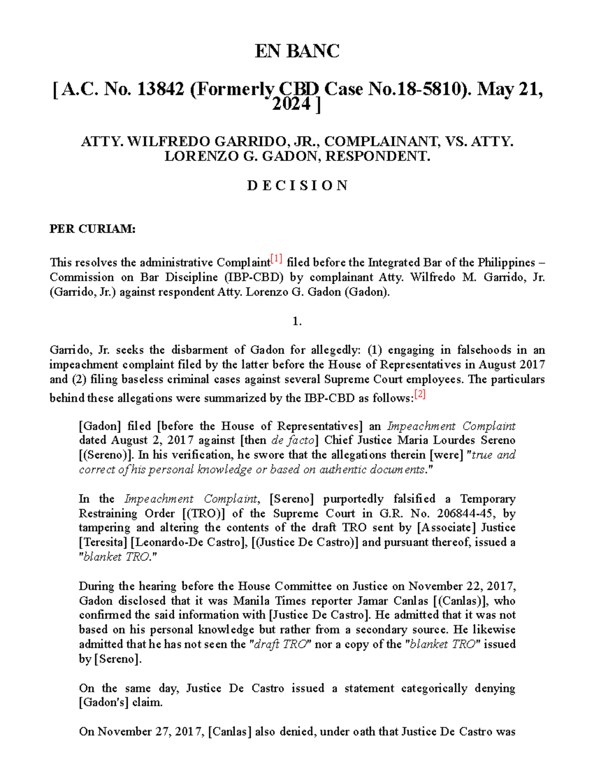 **A.C. No. 13842: Admin Decision on Atty. Lorenzo G. Gadon's Misconduct ...