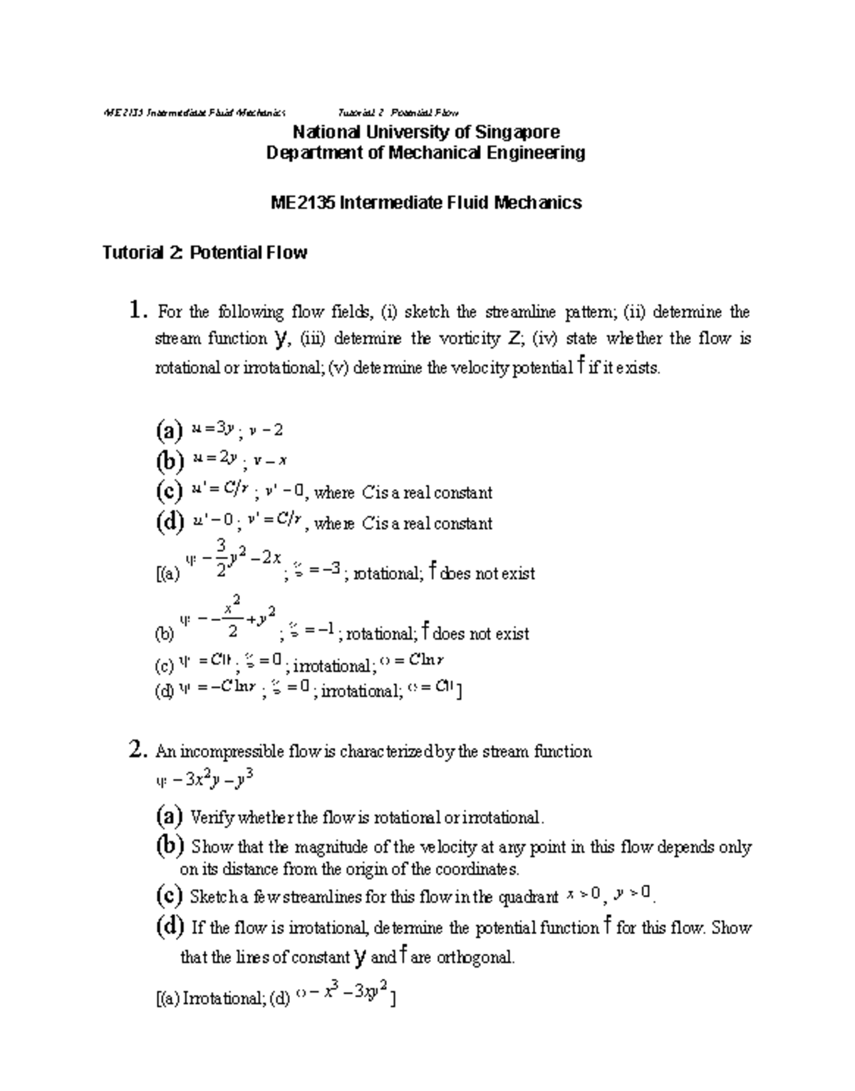ME 2135 Tutorial 15 - ME2135 Intermediate Fluid Mechanics Tutorial 2 ...