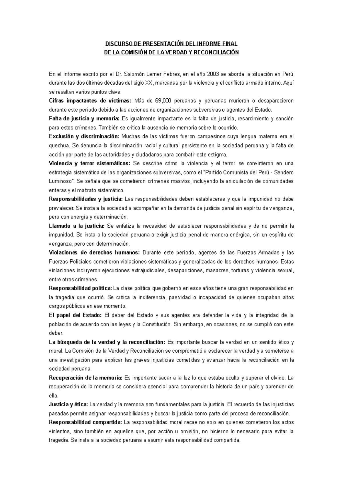 Discurso de Presentación del Informe Final de la CVR en Perú - Studocu