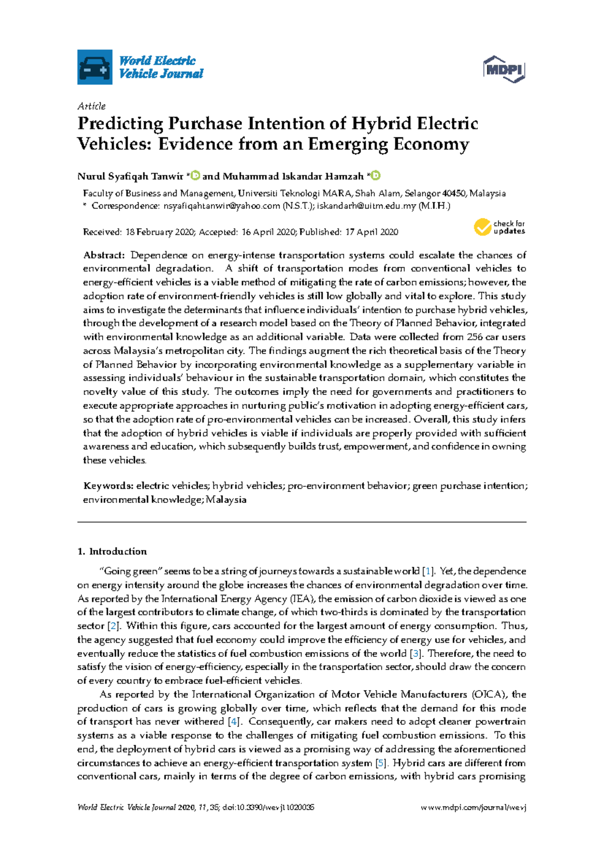 Predicting Purchase Intention of Hybrid Electric Vehicles: Insights ...