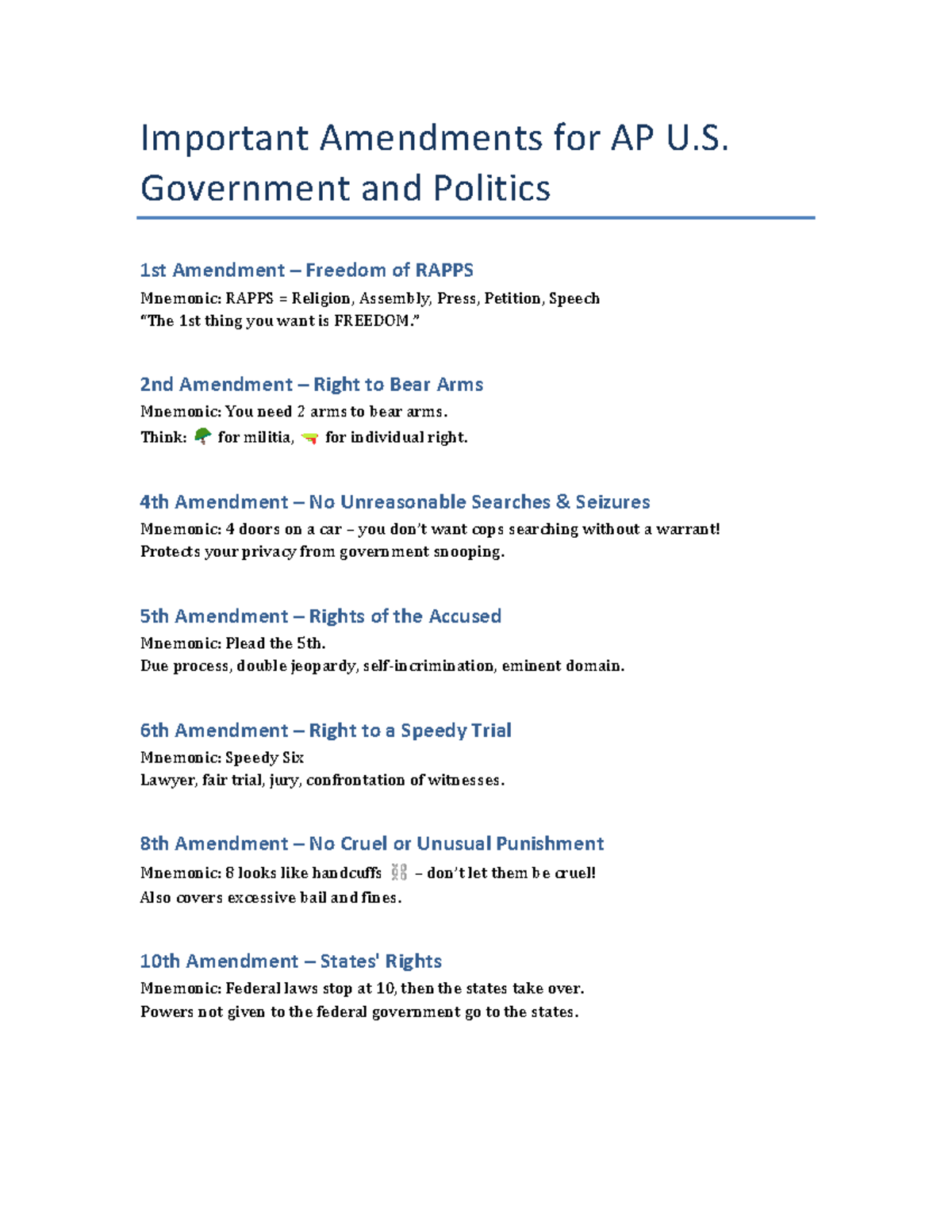 AP Gov Important Amendments: Mnemonics for Key Rights - Studocu