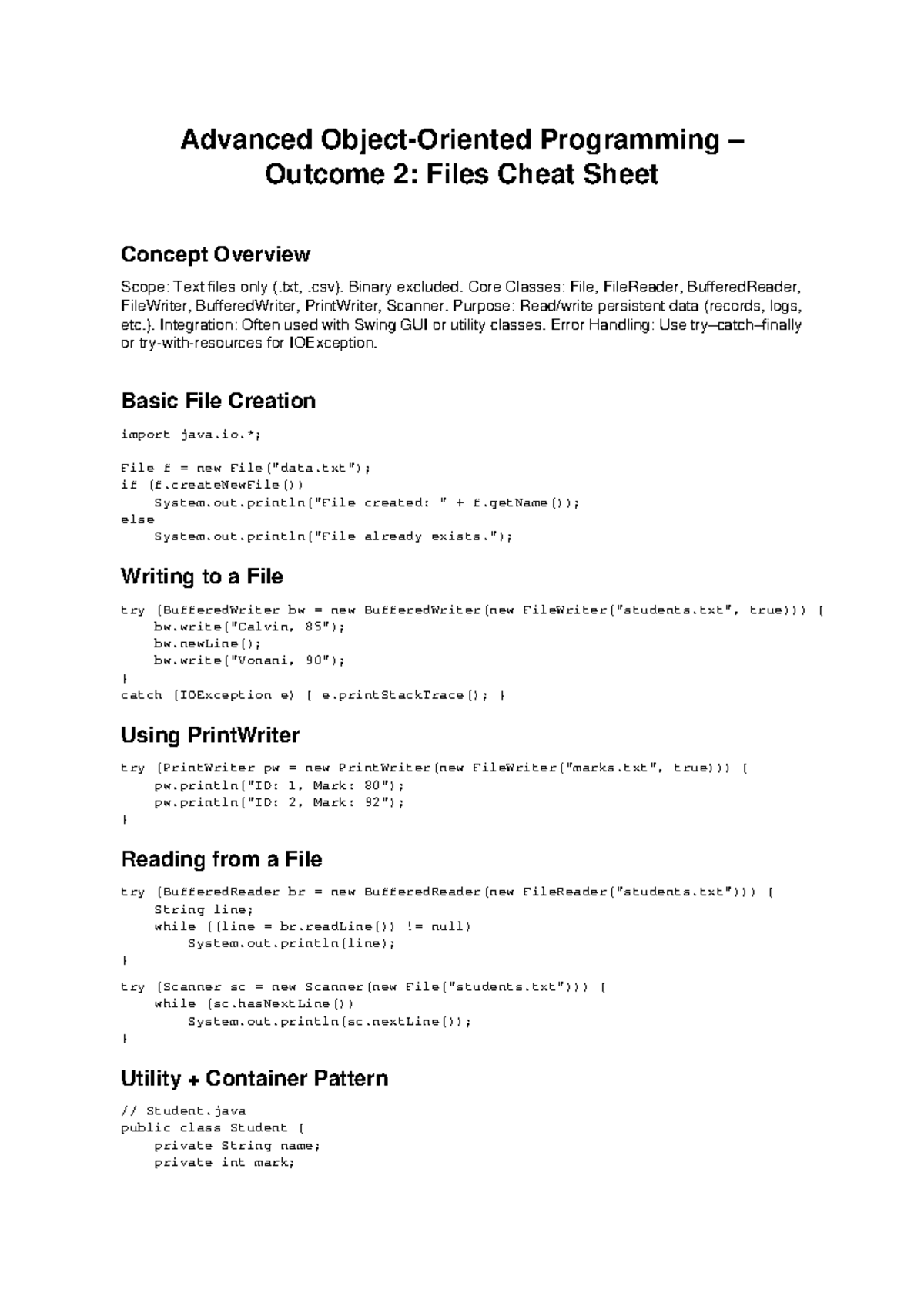 AOOP Outcome 2: Files Cheat Sheet for Text Files Overview - Studocu