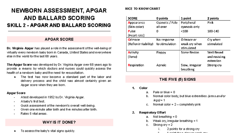 NEWBORN ASSESSMENT: APGAR & BALLARD SCORING CHART SKILL 2 - Studocu