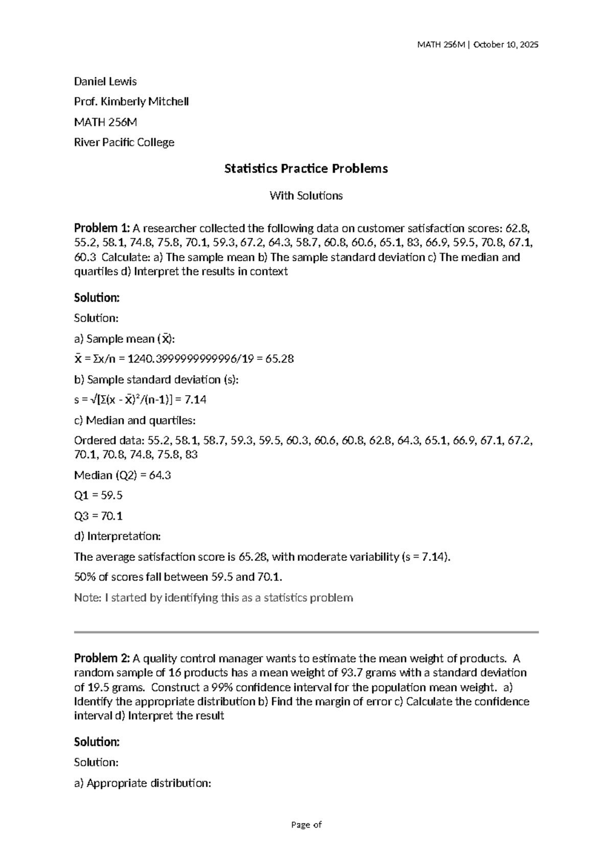 MATH 256M Statistics Practice Problems & Solutions - Studocu