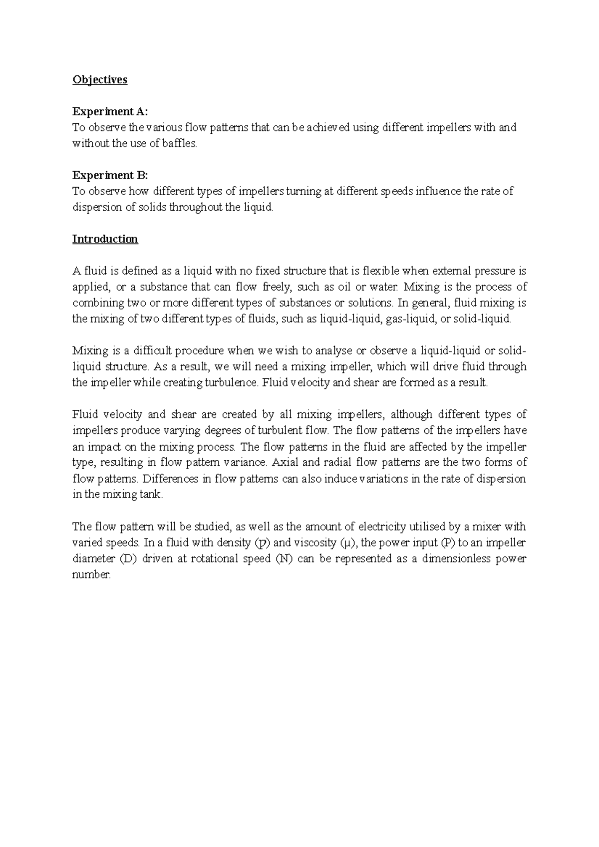 CHM450 - Fluid Mixing Equipment & Flow Patterns Study - Studocu