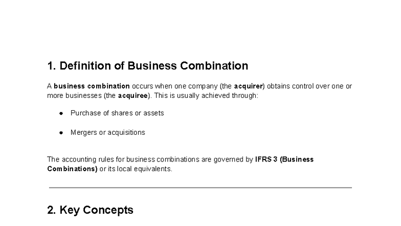 Business Combination Notes: Key Concepts & IFRS 3 Overview - Studocu