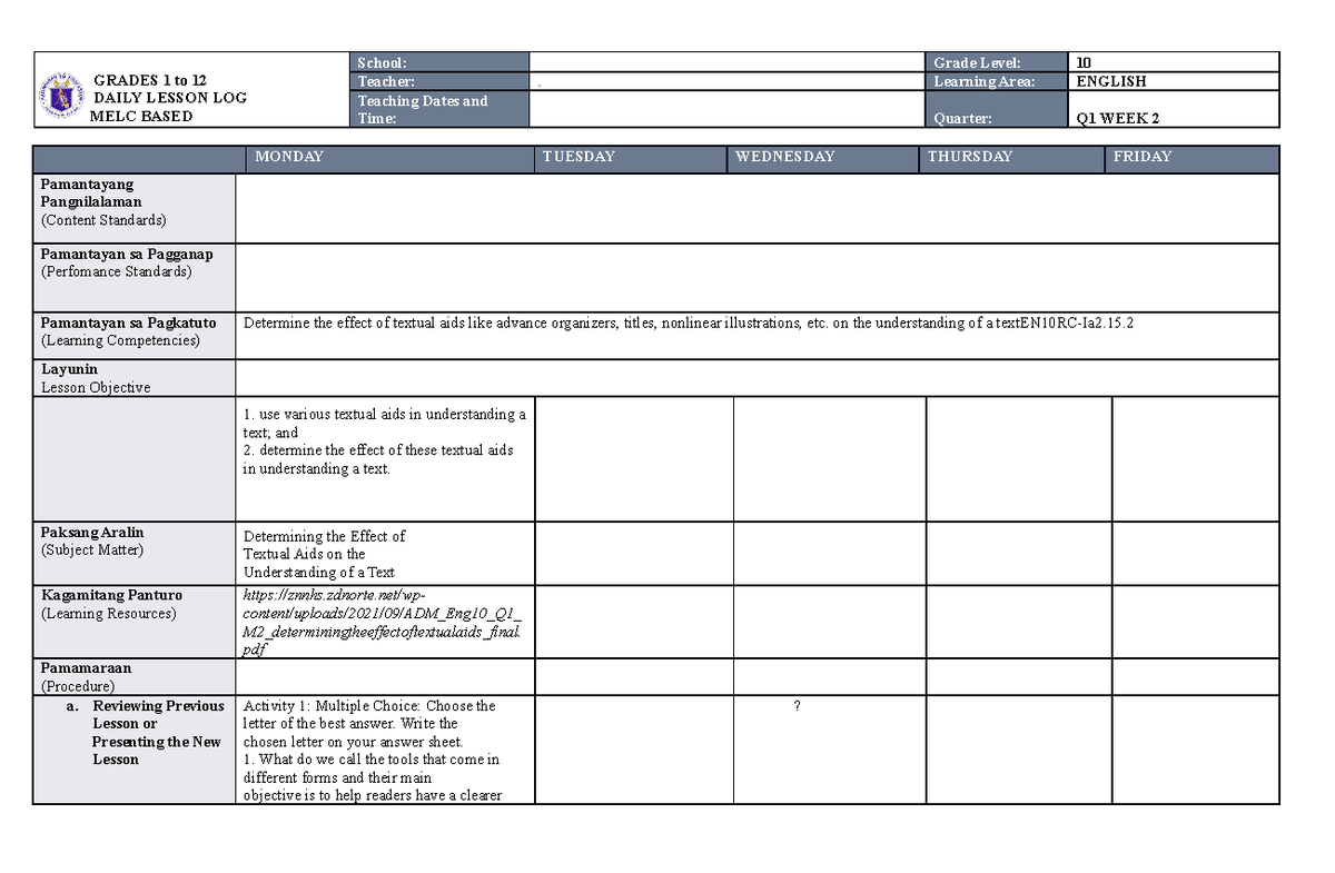 MELC DLL ENG 10 Q1 WEEK 2: Understanding Textual Aids - Studocu