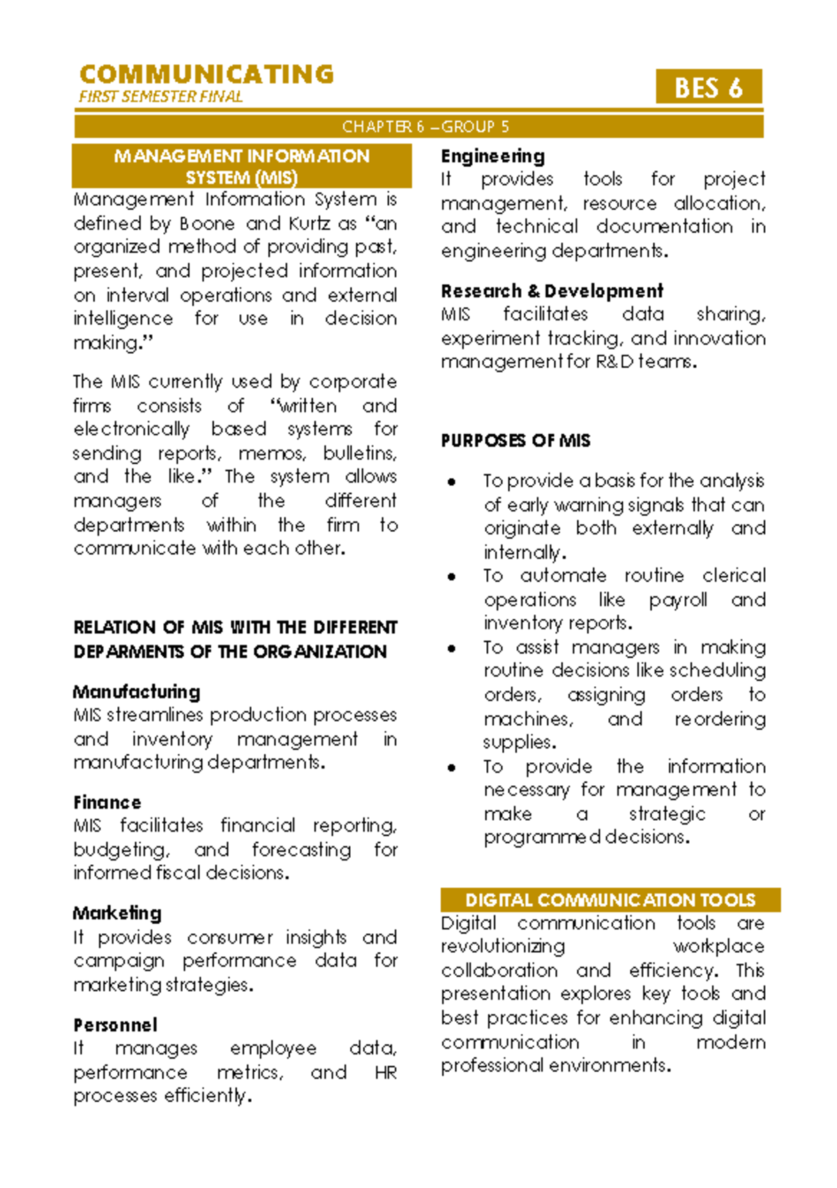 BES 6 First Semester Final Exam Notes on Management Information Systems ...