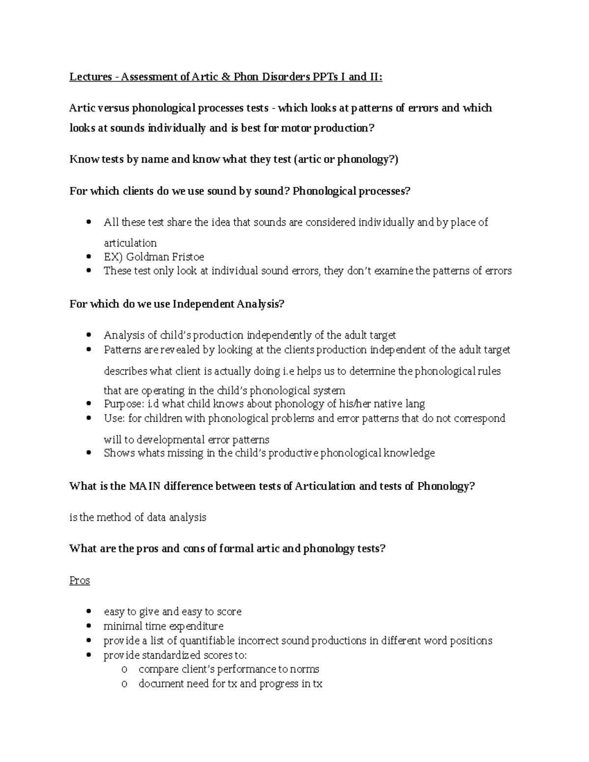 CD 451 Final Exam Study Guide: Articulation & Phonology Assessment ...