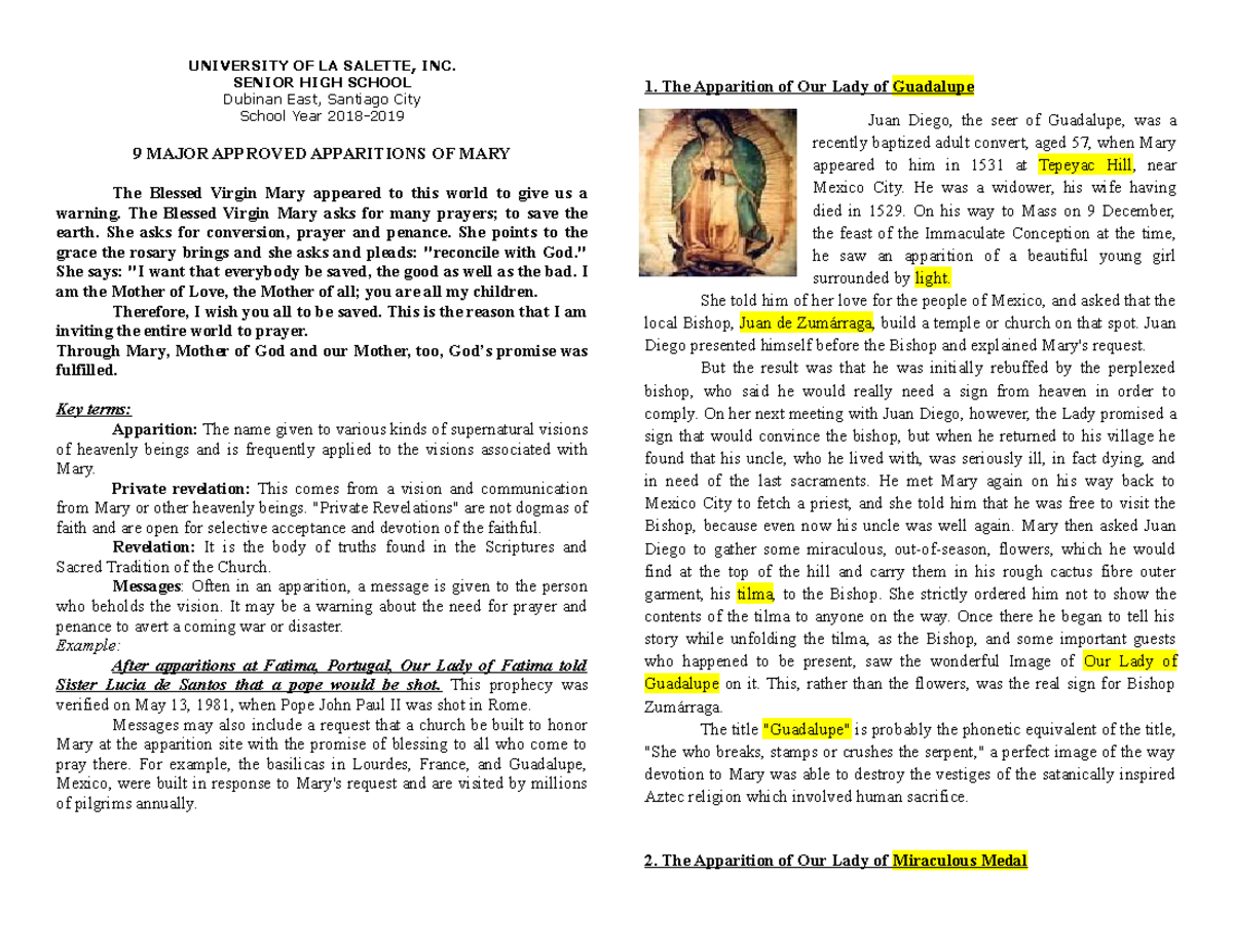 Apparitions-of-MARY - ….. - UNIVERSITY OF LA SALETTE, INC. SENIOR HIGH ...