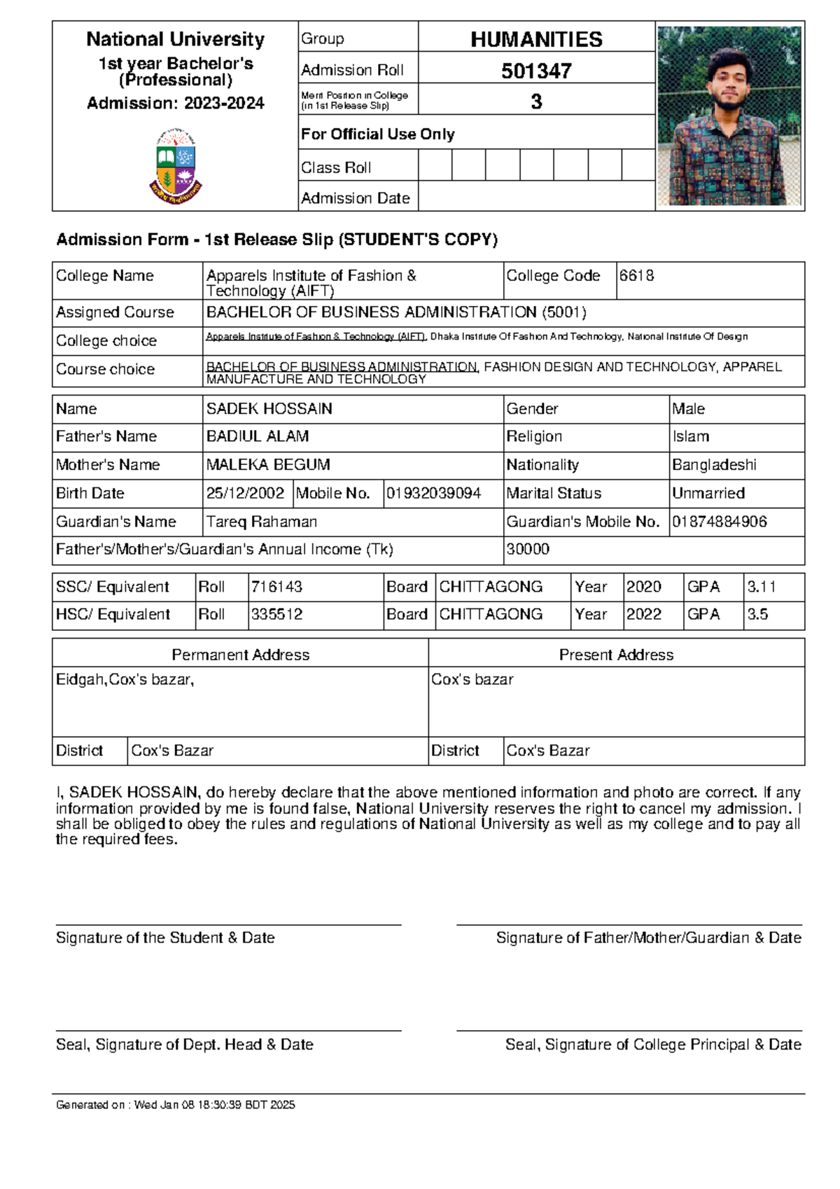 National University Admission Form - 1st Release Slip (2023) - Studocu