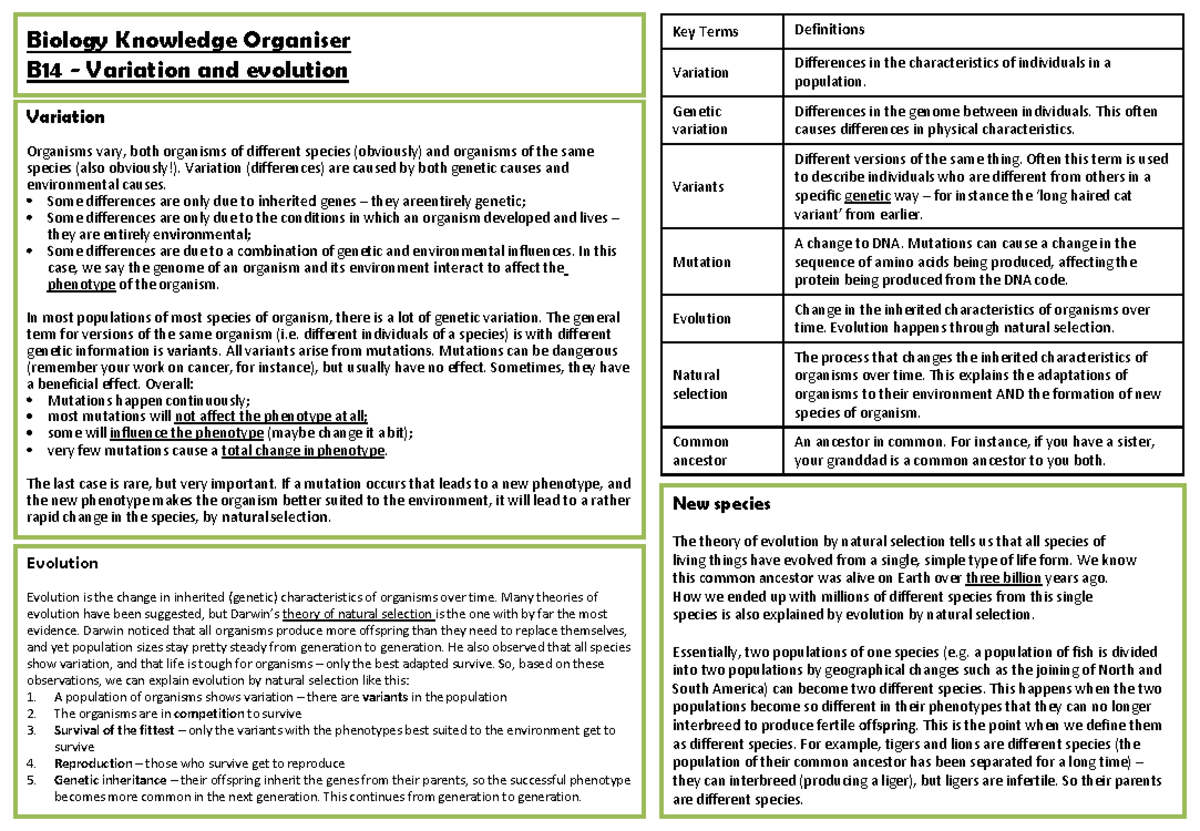 B14 - Key Terms and Definitions in Variation and Evolution - Studocu
