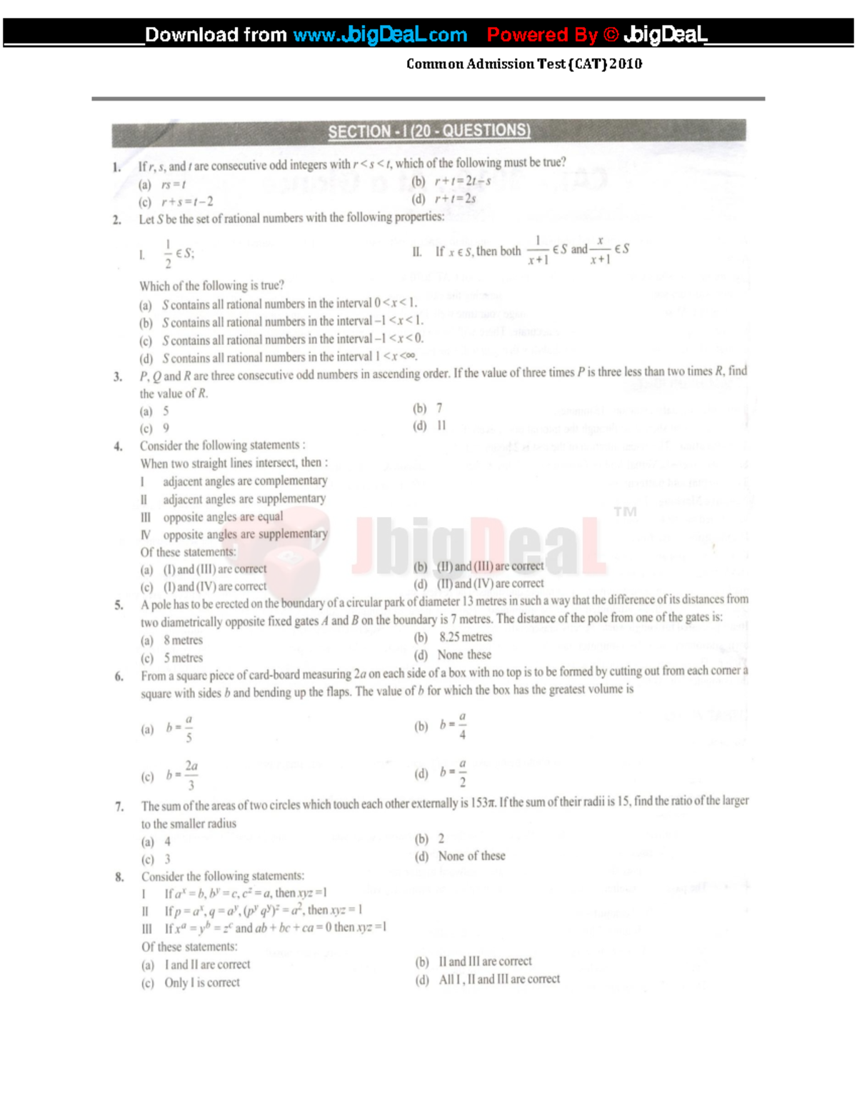 CAT 2010 Exam Paper with Answer Keys for Common Admission Test - Studocu