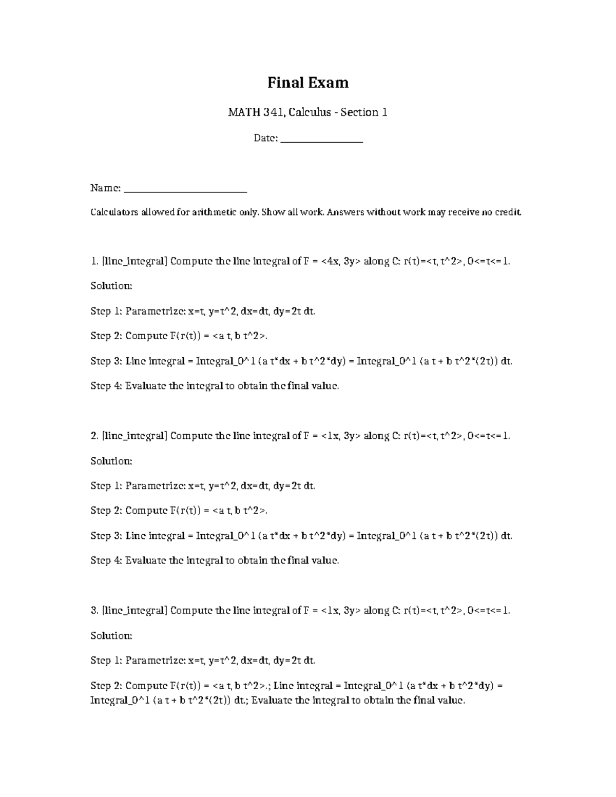 Final Exam Solutions for MATH 341: Line Integrals - Studocu