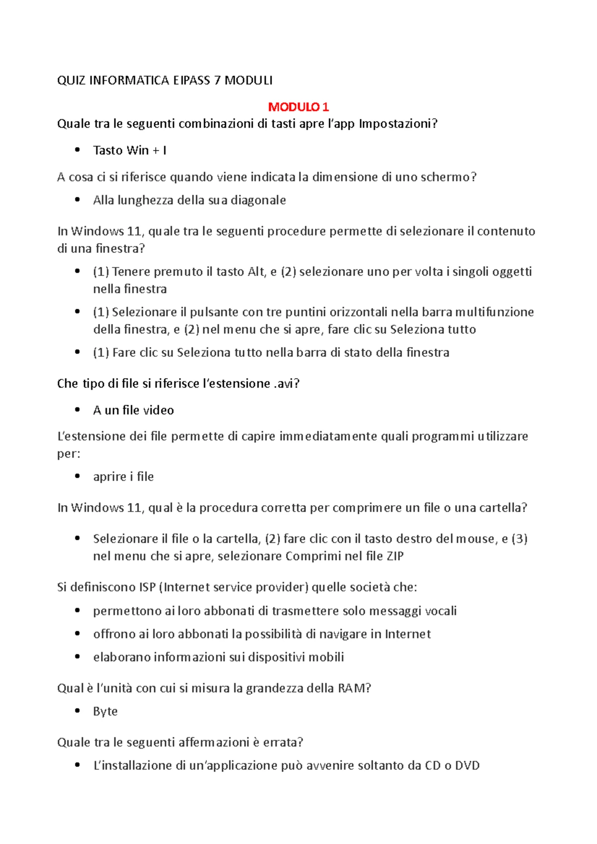 Eipass Modulo 6: Esempi di Domande e Risposte su Excel - Studocu