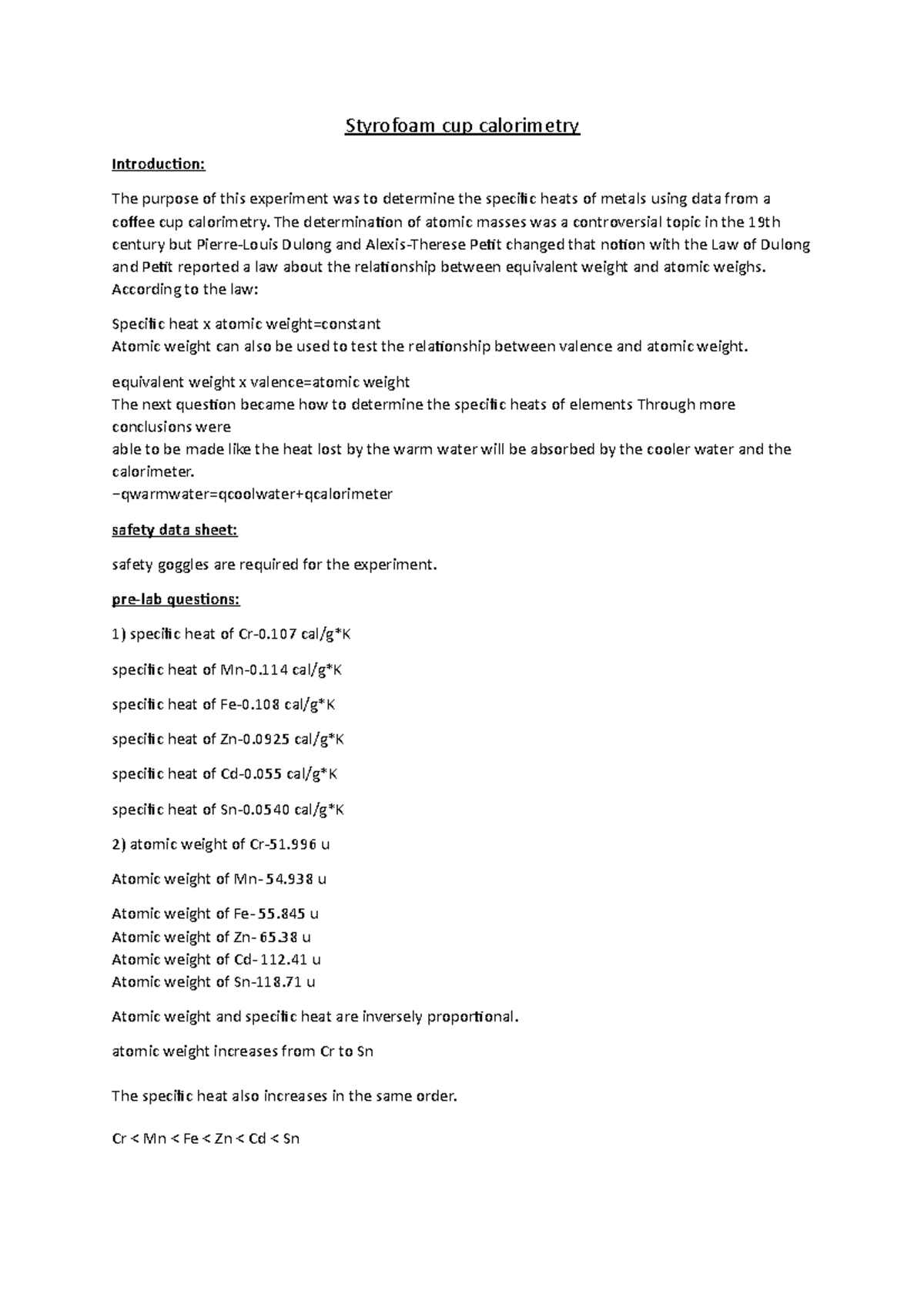 Calorimetry Lab Report: Specific Heat of Metals Using Styrofoam Cup ...