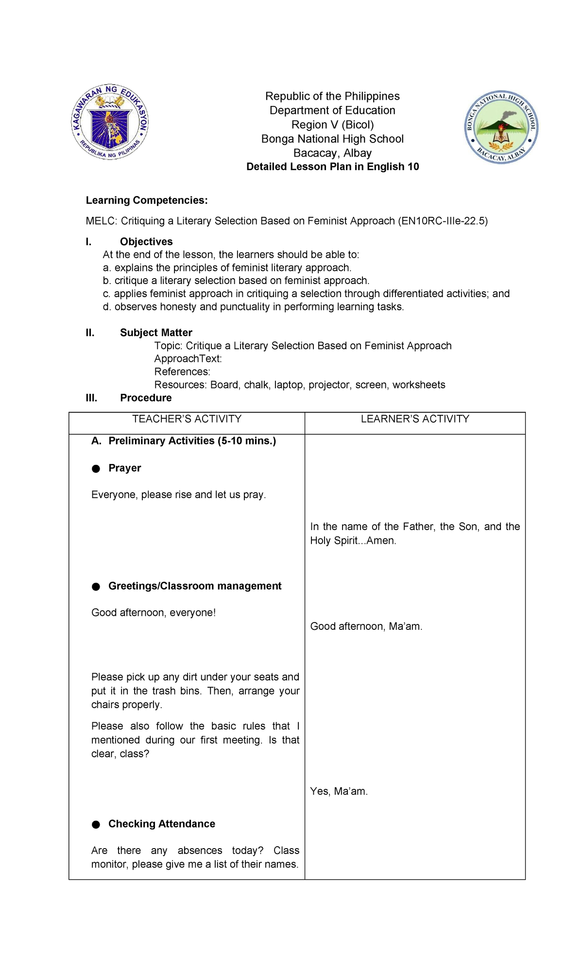 Feminist Approach - Lesson Plan - Republic of the Philippines ...