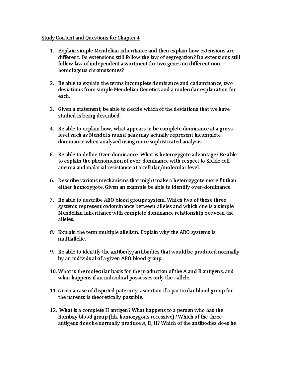 Study Questions and concepts Chapter 4 Extensions of Mendelian ...