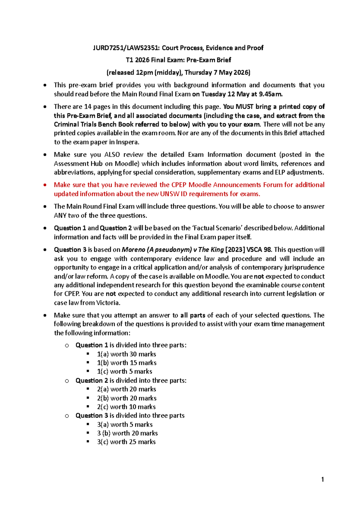 JURD7251 LAWS2351 T1 2026 Final Exam Brief: Court Process & Evidence ...