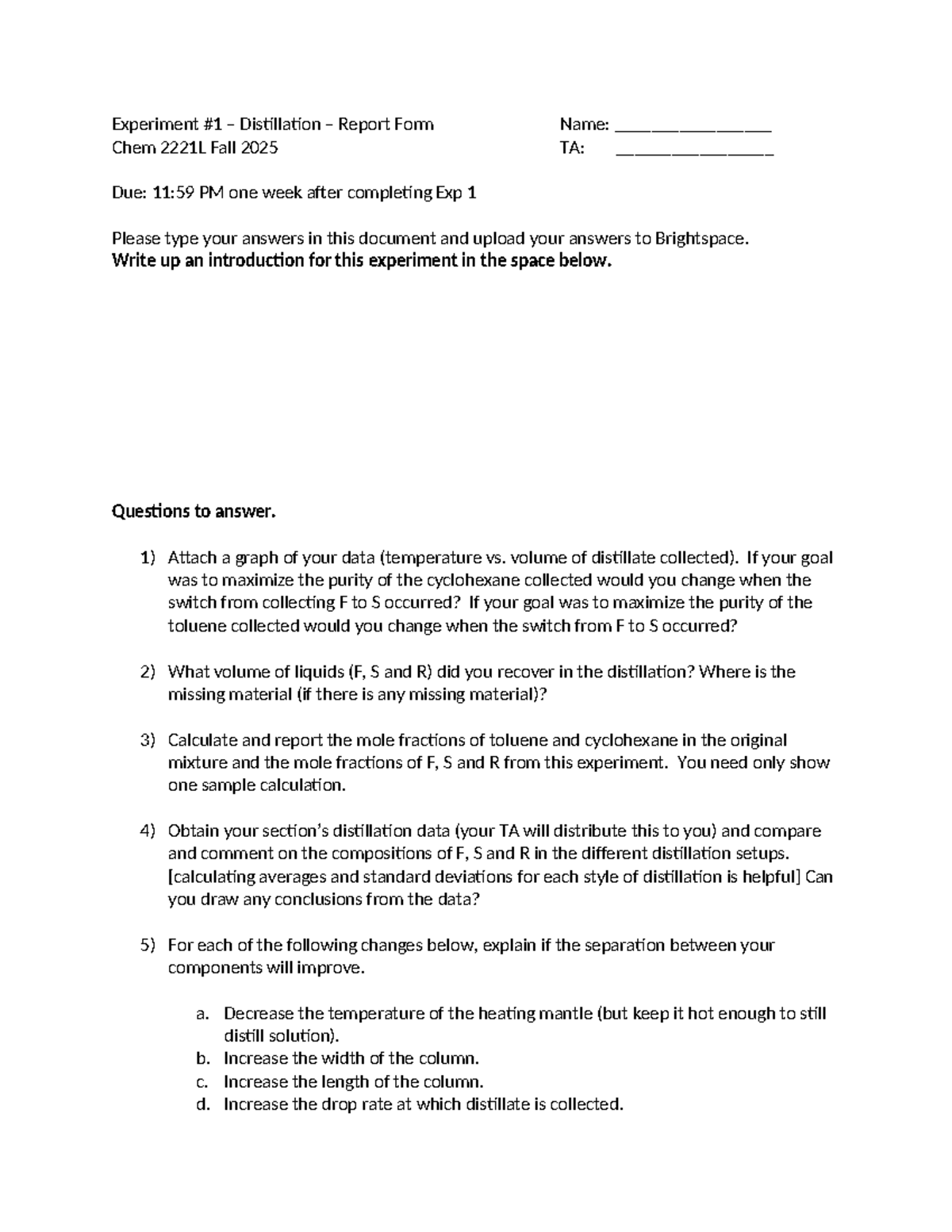 Distillation Experiment Report Form Chem 2025: Data & Analysis - Studocu