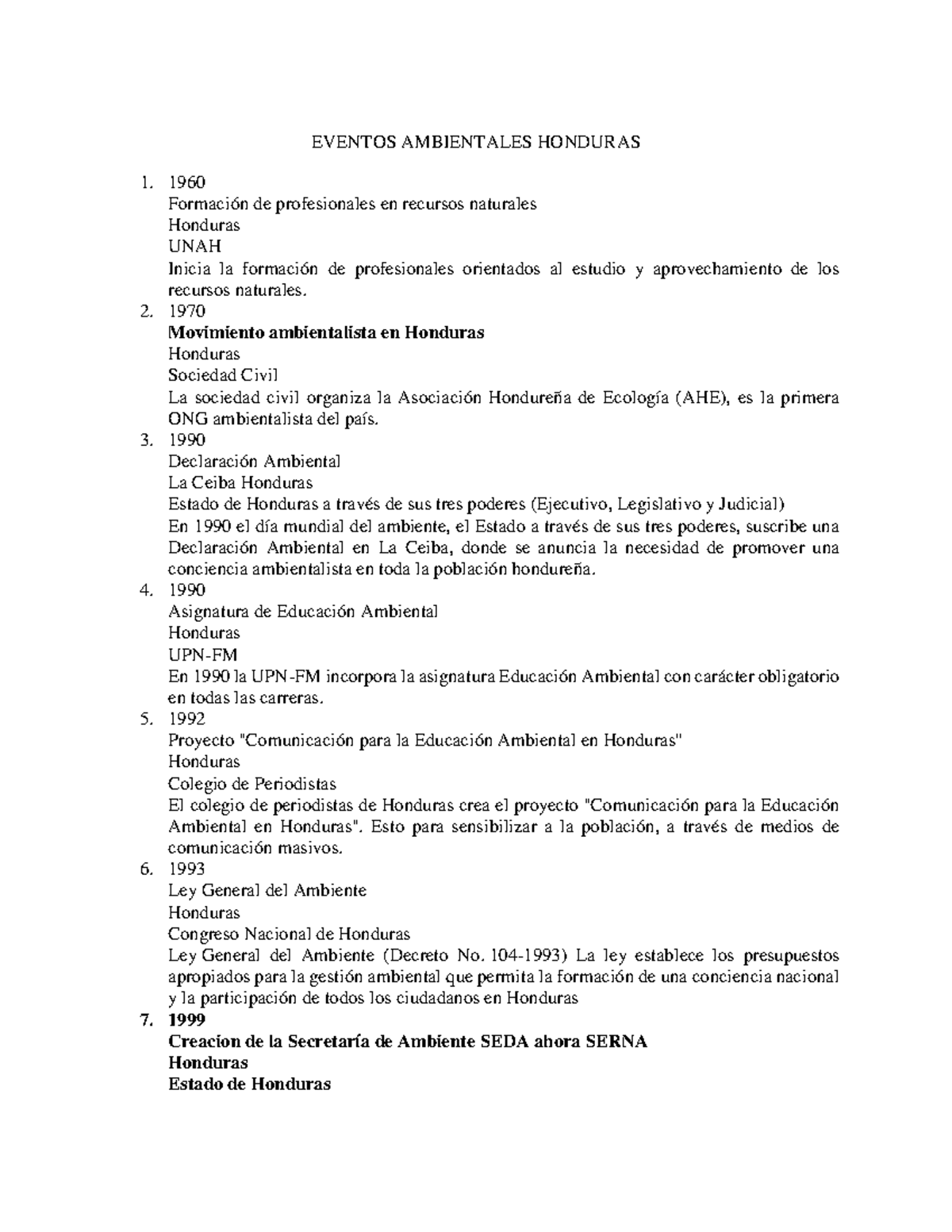 Eventos Ambientales Significativos en Honduras y el Mundo - Studocu