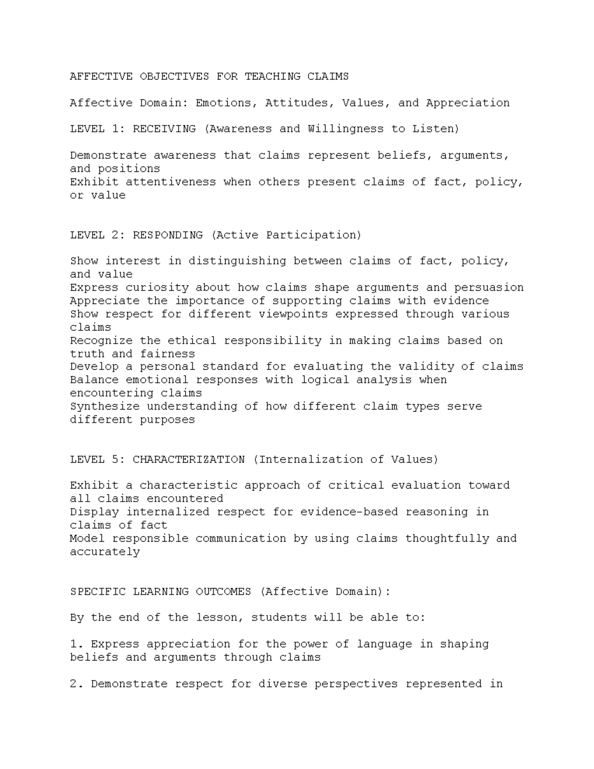 Affective Objectives for Teaching Claims: Emotions & Values - Studocu