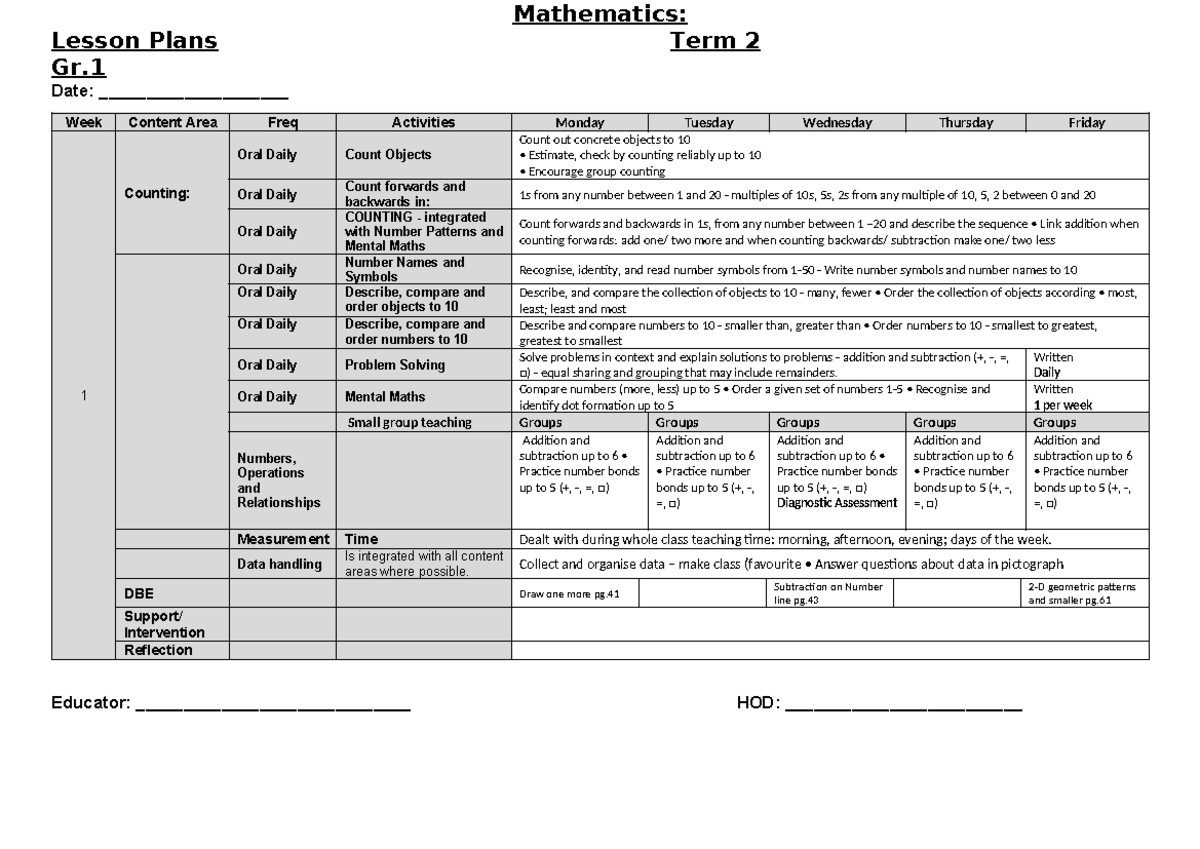 Gr1 Mathematics Term 2 - Comprehensive Lesson Plans - Studocu