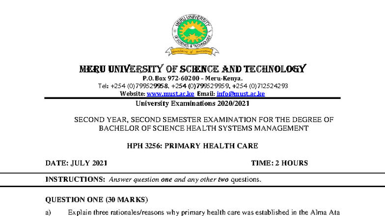 HPH 3256: Primary Health Care Exam - July 2021 - Studocu