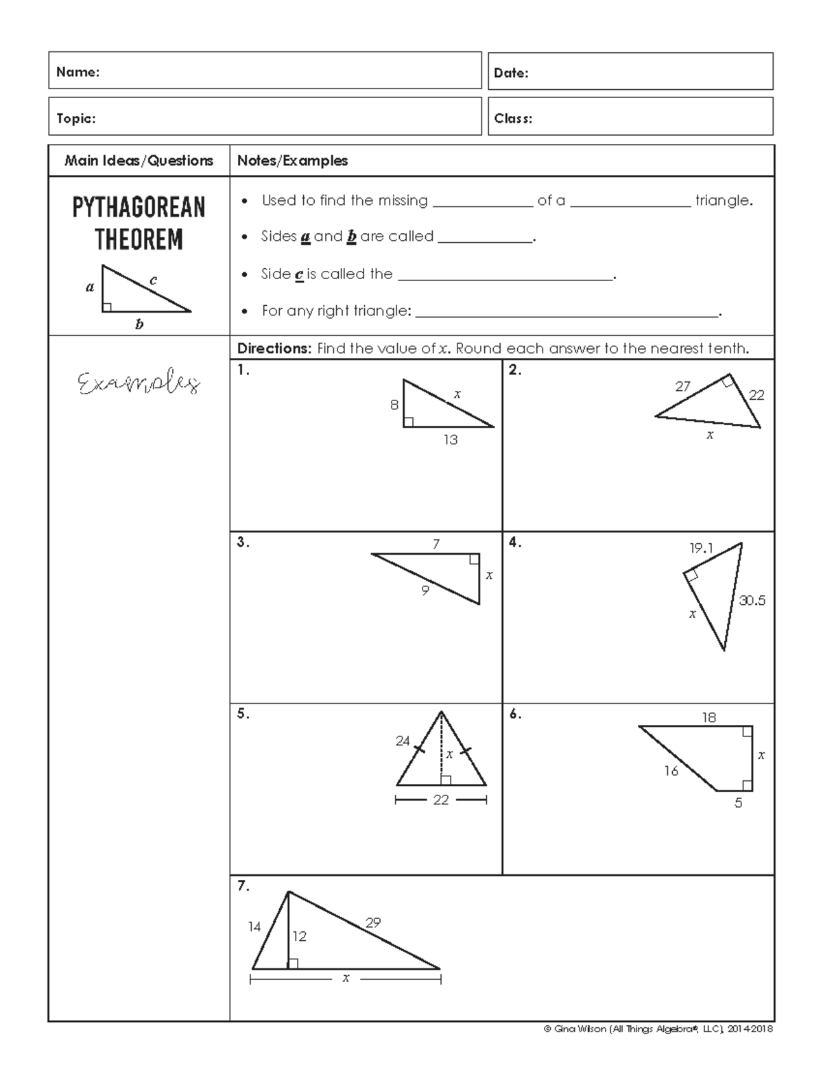 Lesson 1 Pythagorean Theorem and Converse Notes - Main Ideas/Questions ...