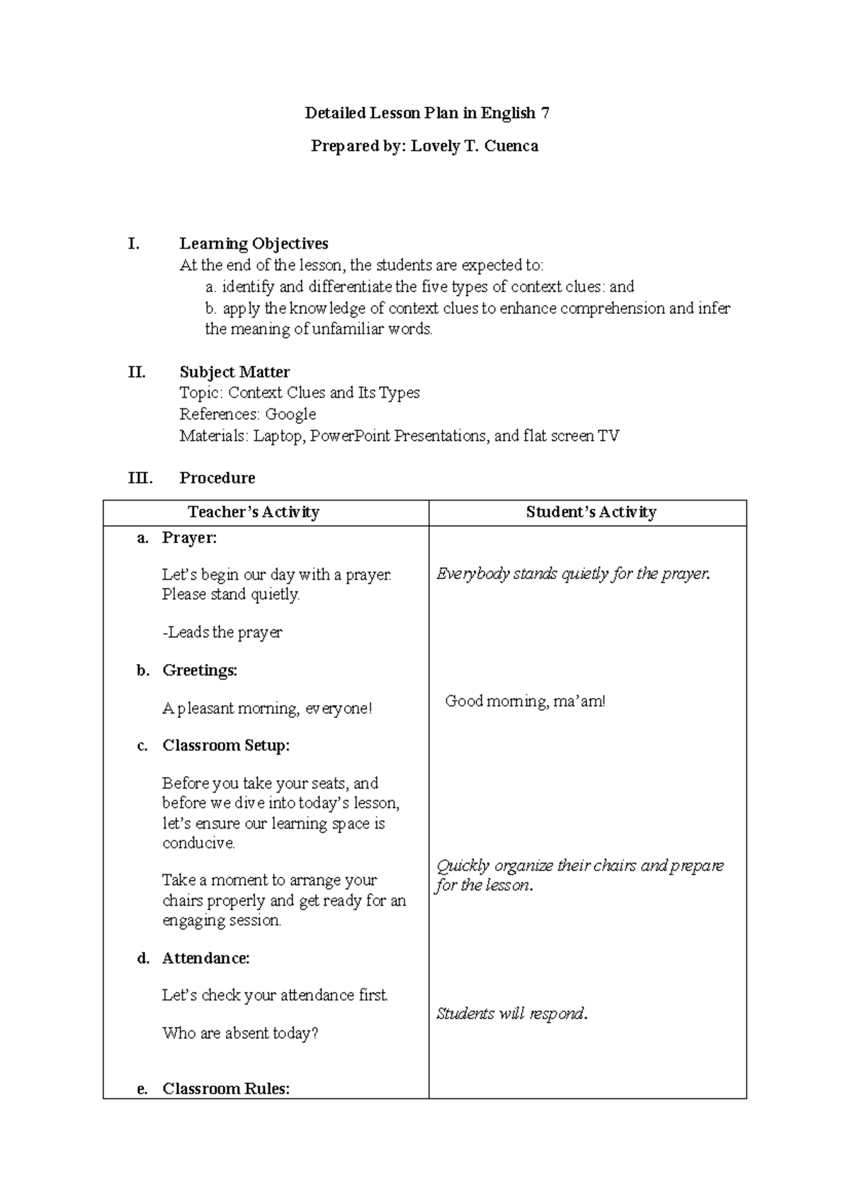 Types of Context Clues: A Detailed Lesson Plan for English 7 - Studocu
