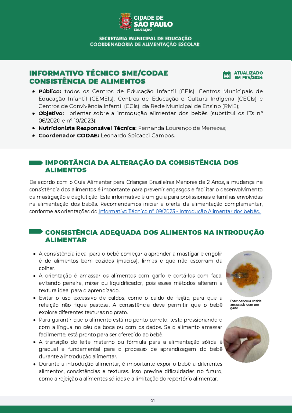Informativo Técnico SME/CODAE sobre a Consistência Alimentar para Bebês ...