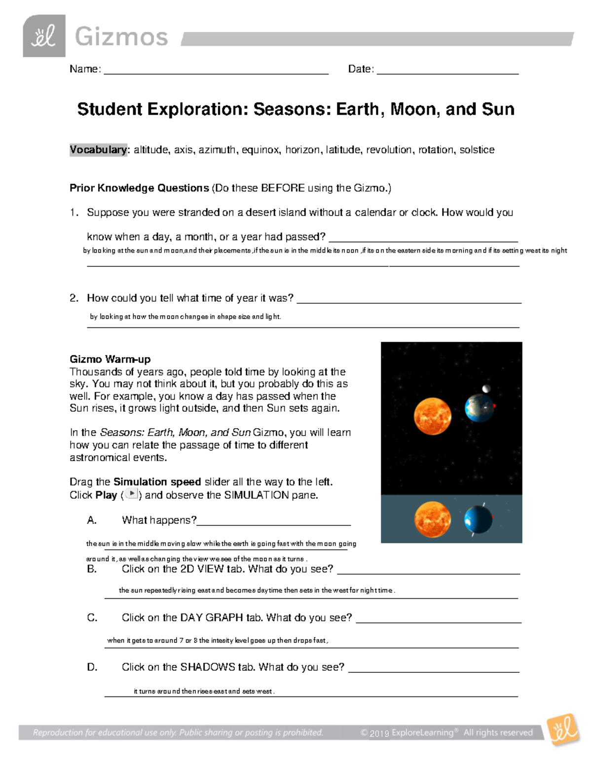 Seasons: Earth, Moon, Sun Gizmo Exploration Activity - Studocu