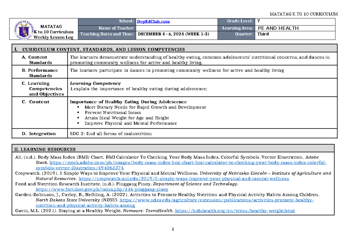 DLL Matatag PE & Health 7 Week 1-3 Lesson Log Overview - Studocu