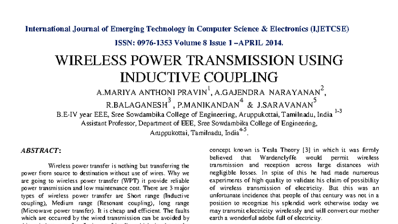 Wireless Power Transmission Using Inductive Coupling (IJETCSE) - Studocu