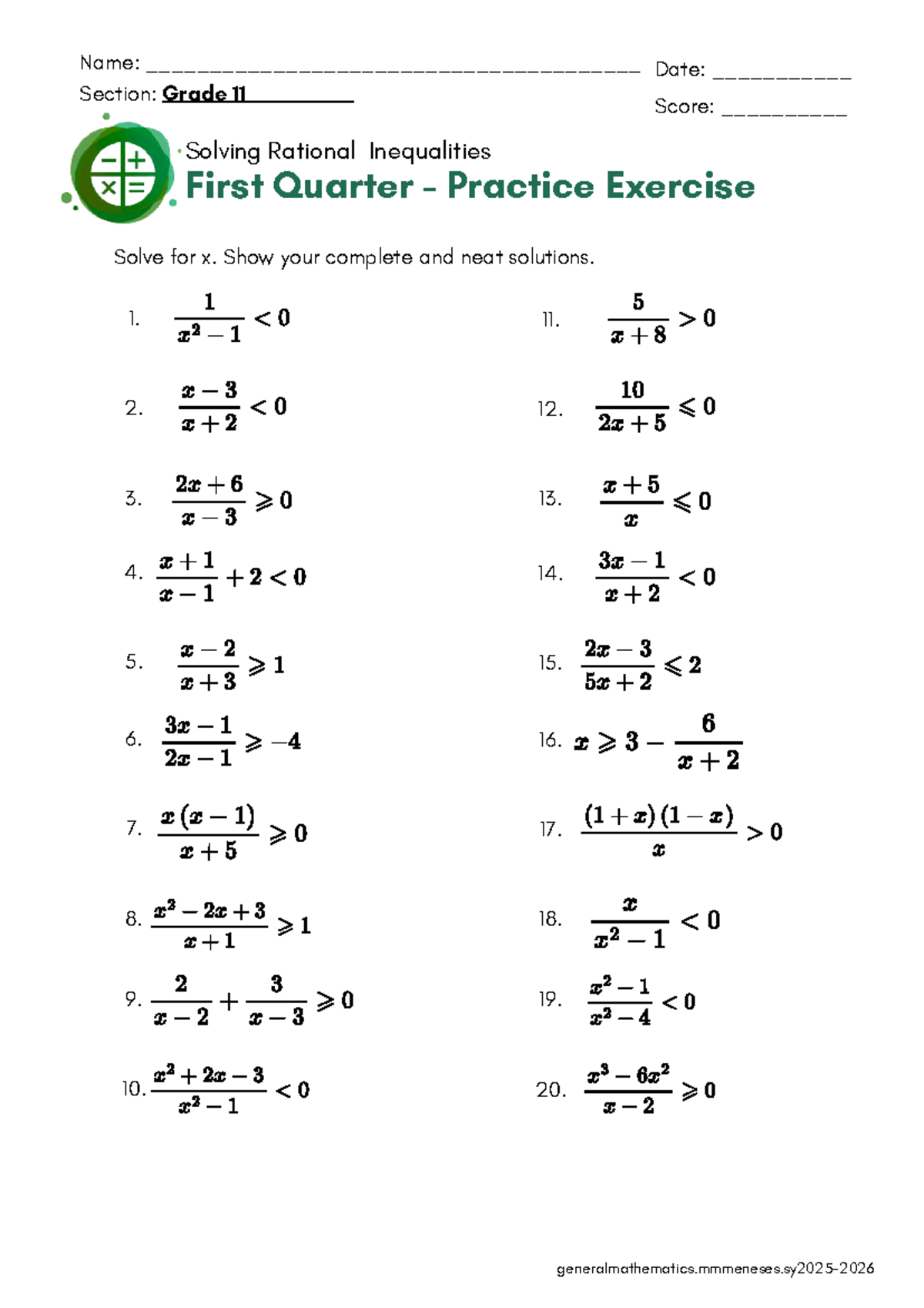 Grade 11: First Quarter Rational Inequalities & Functions Worksheets ...