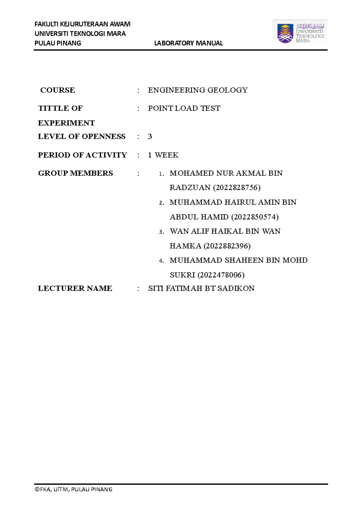 Point Load Test (ENGG GEOLOGY) Lab Report: Analyzing Rock Strength ...