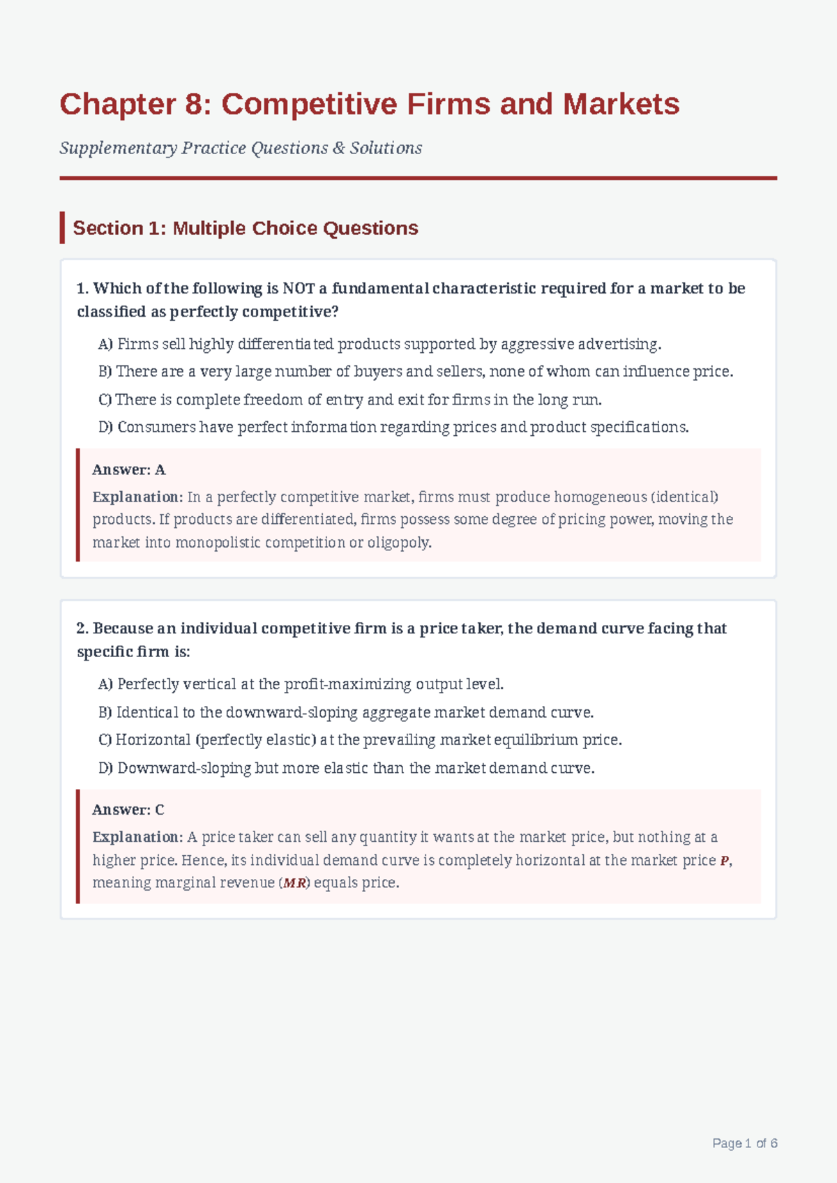 Chapter 8: Competitive Firms & Markets Practice Questions Solutions ...