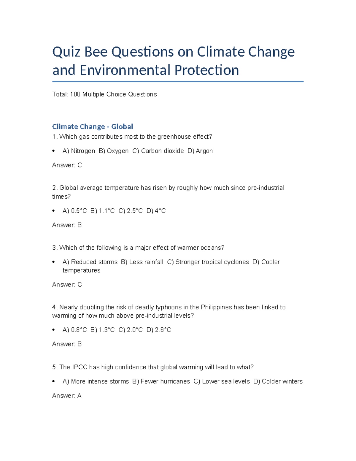 Quiz Bee Questions on Climate Change & Environmental Protection (Total ...