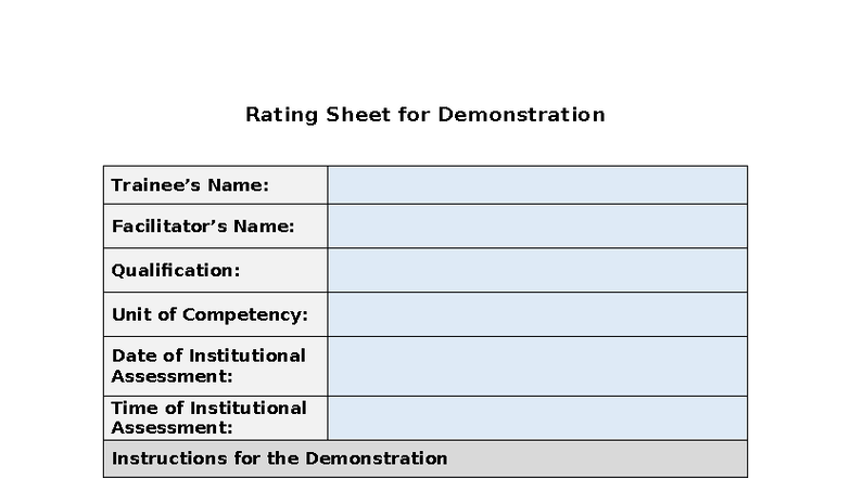 Template for Rating Sheet: Performance Test NC II - Studocu